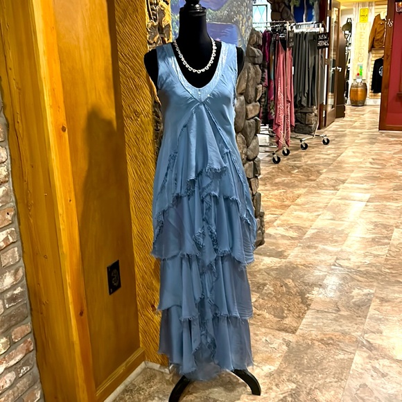 Dance in Paris | Dresses | Nwt Made In Italy Washable Silk Blue Ruffle Maxi Dress | Poshmark